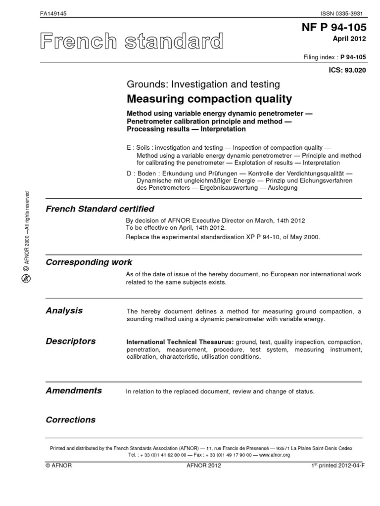 NF P 94 105 Soils Investigation and Testing Measuring Compaction ...