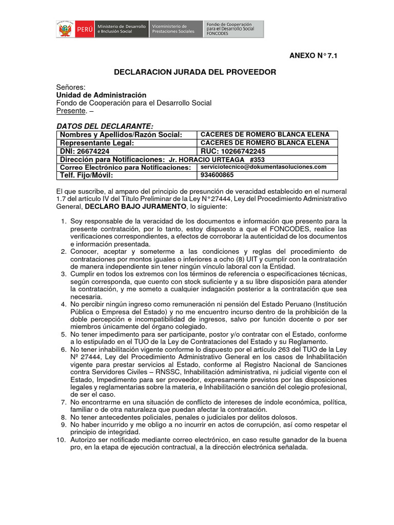 Anexo 7.1 - Declaracion Jurada Del Proveedor | PDF | Corrupción política | Regulación