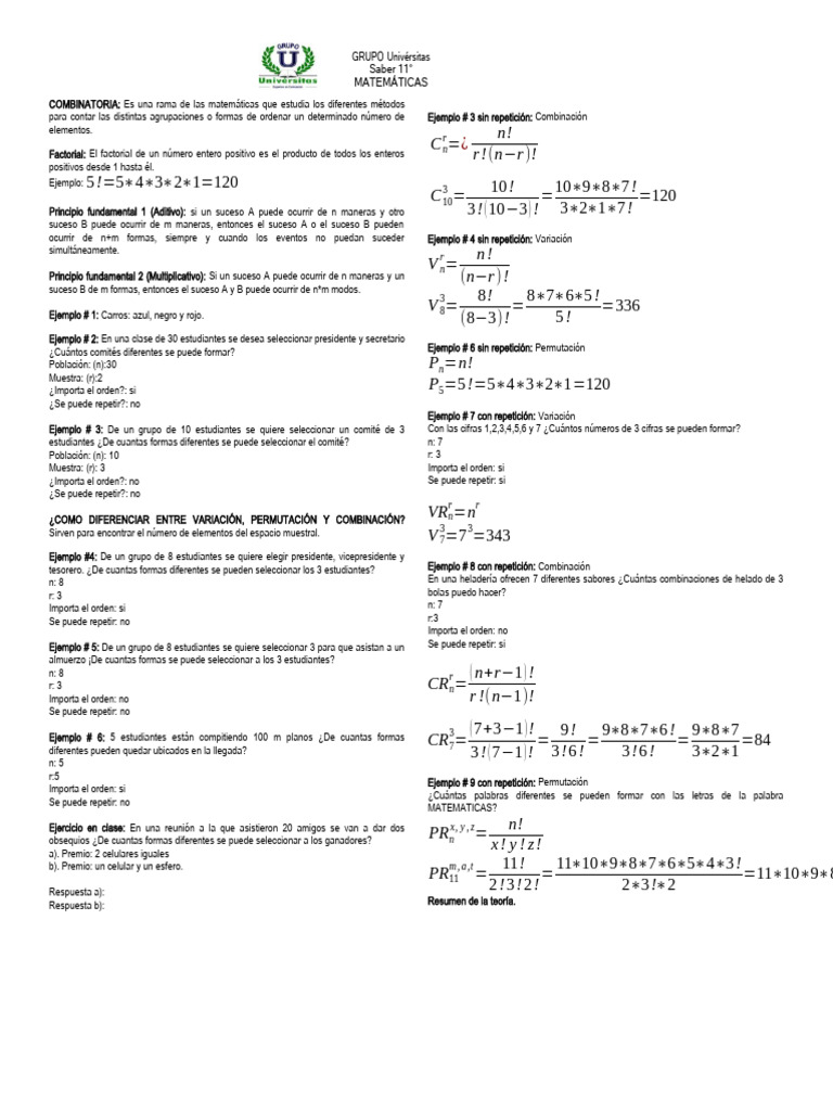 Taller # 2 Combinatoria | PDF | Combinatoria | Matemáticas