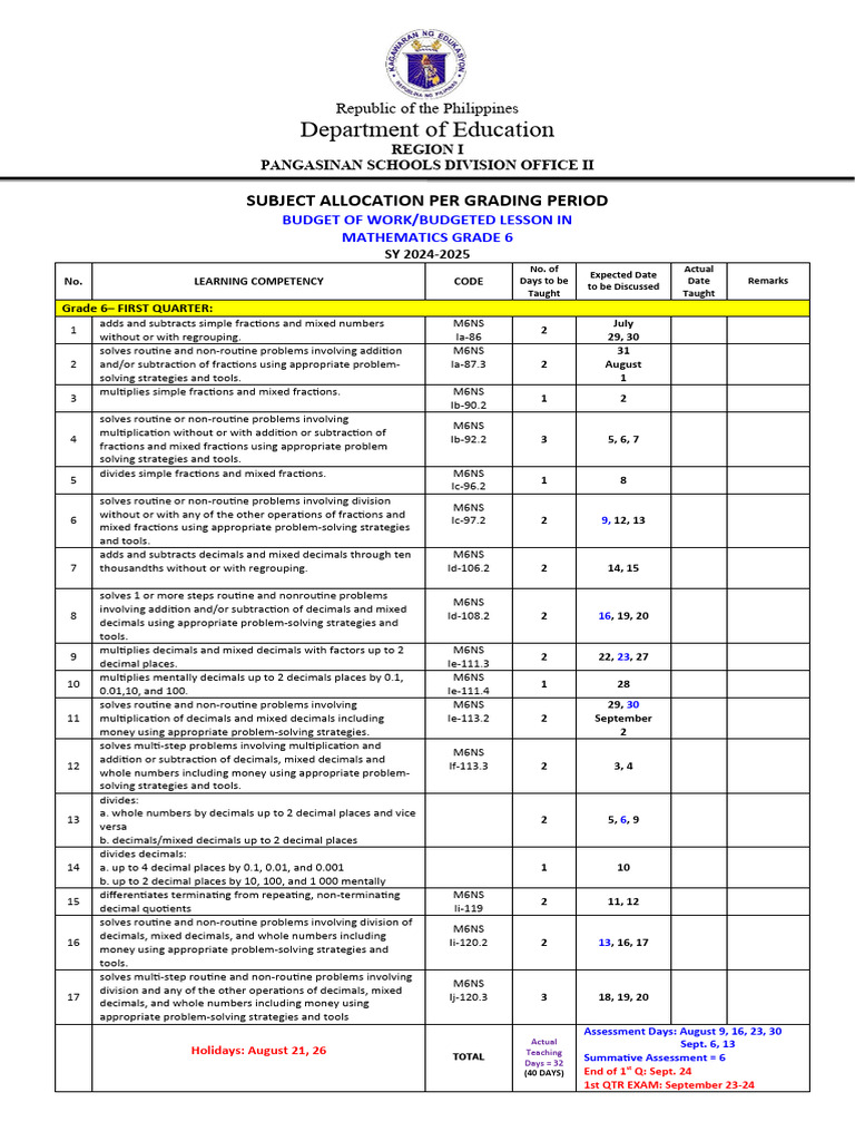 BOW Budgeted Lesson G6 Math SY 2024 2025 1st QTR Final | PDF ...