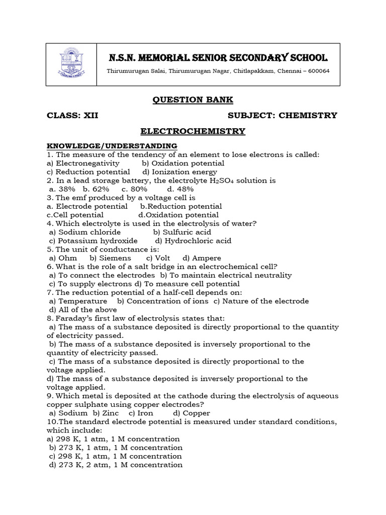 Class XII Chemistry Electrochemistry Question Bank | PDF ...