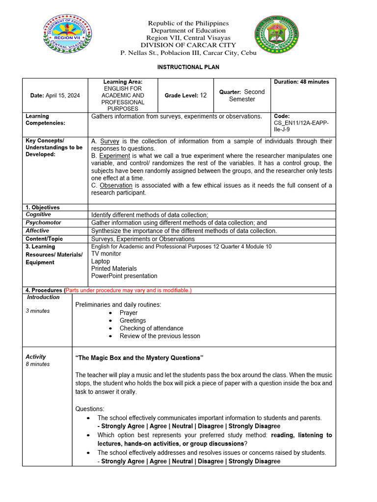 Lesson Plan 12 MODULE 10 SURVEYS EXPERIMENTS OR OBSERVATIONS | PDF | Survey Methodology | Experiment
