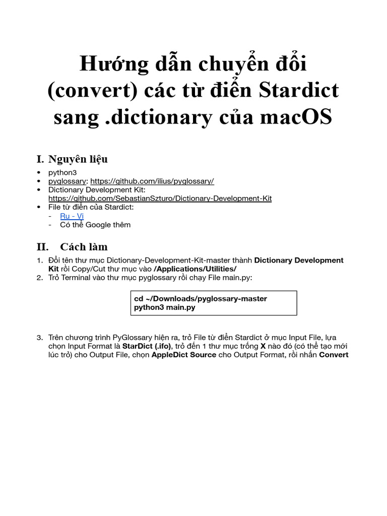 Hướng dẫn chuyển đổi (convert) các từ điển Stardict sang .dictionary của macOS | PDF