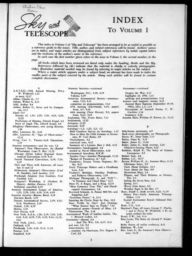 Sim Sky-And-Telescope 1941-1942 1 Index | PDF | Astronomy | Jupiter