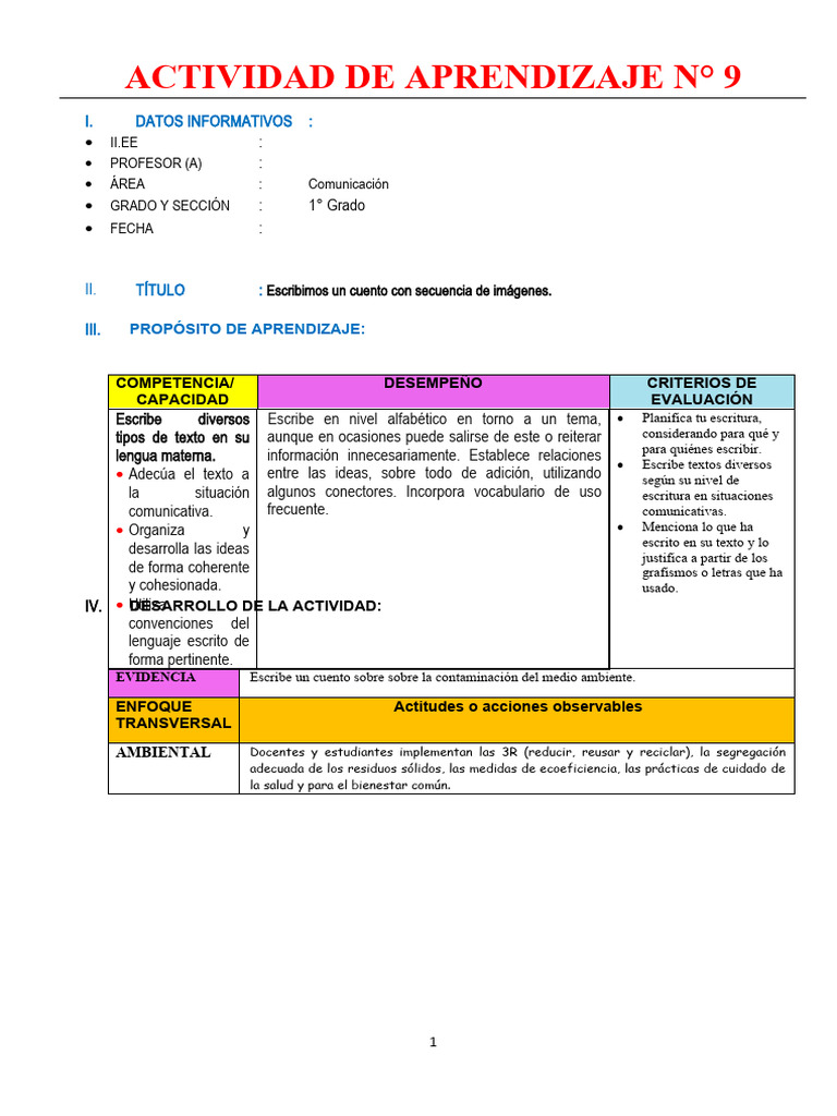 Sesión Escribimos Un Cuento Con Secuencia de Imágenes. | PDF | Escritura
