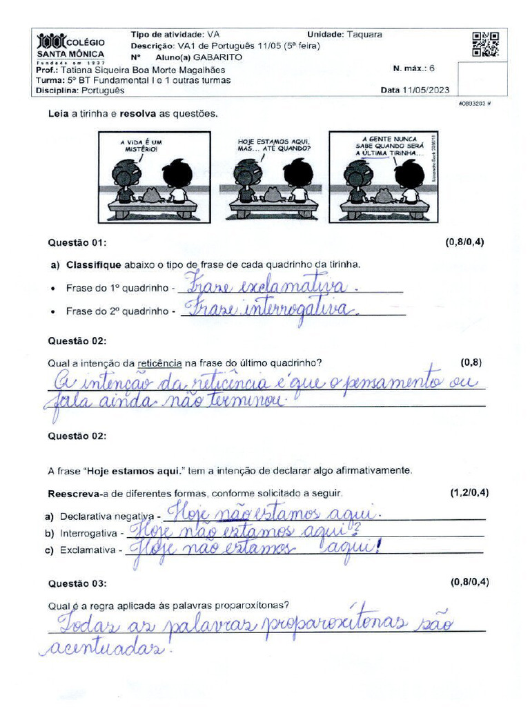 GABARITO VA1 de Portugues 1105 (5 Feira) | PDF