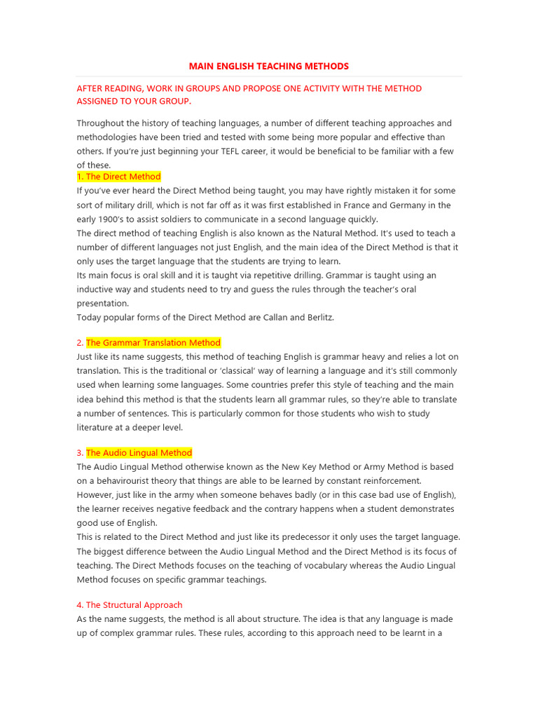 Methods Used in EFL Teaching | PDF | Vocabulary | English As A Second ...