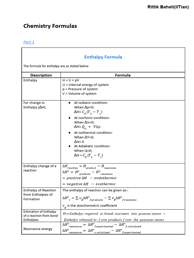 Chemistry Formula Sheet Rittik Baheti | PDF | Gases | Enthalpy