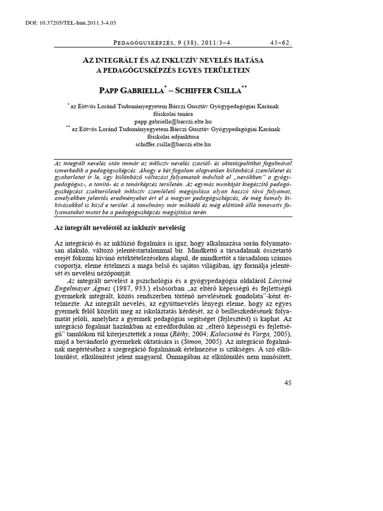 Papp Gabriella-Schiffer Csilla: Az Integrált És Az Inkluzív Nevelés ...