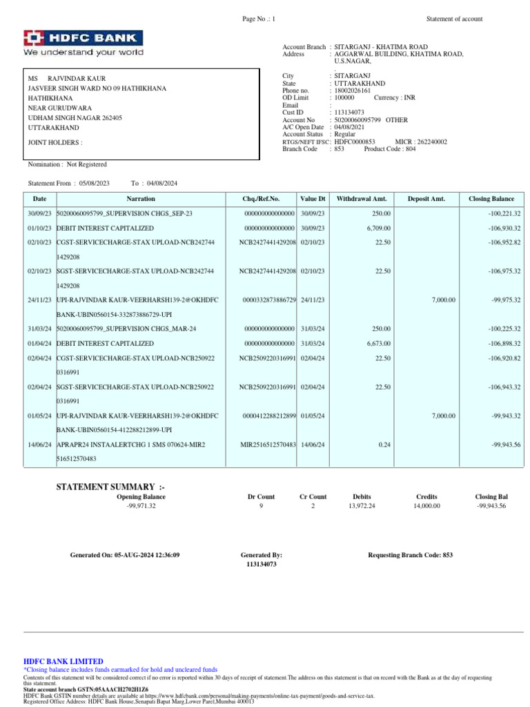 Acct Statement - XX5799 - 05082024 2 | PDF | Debits And Credits | Business