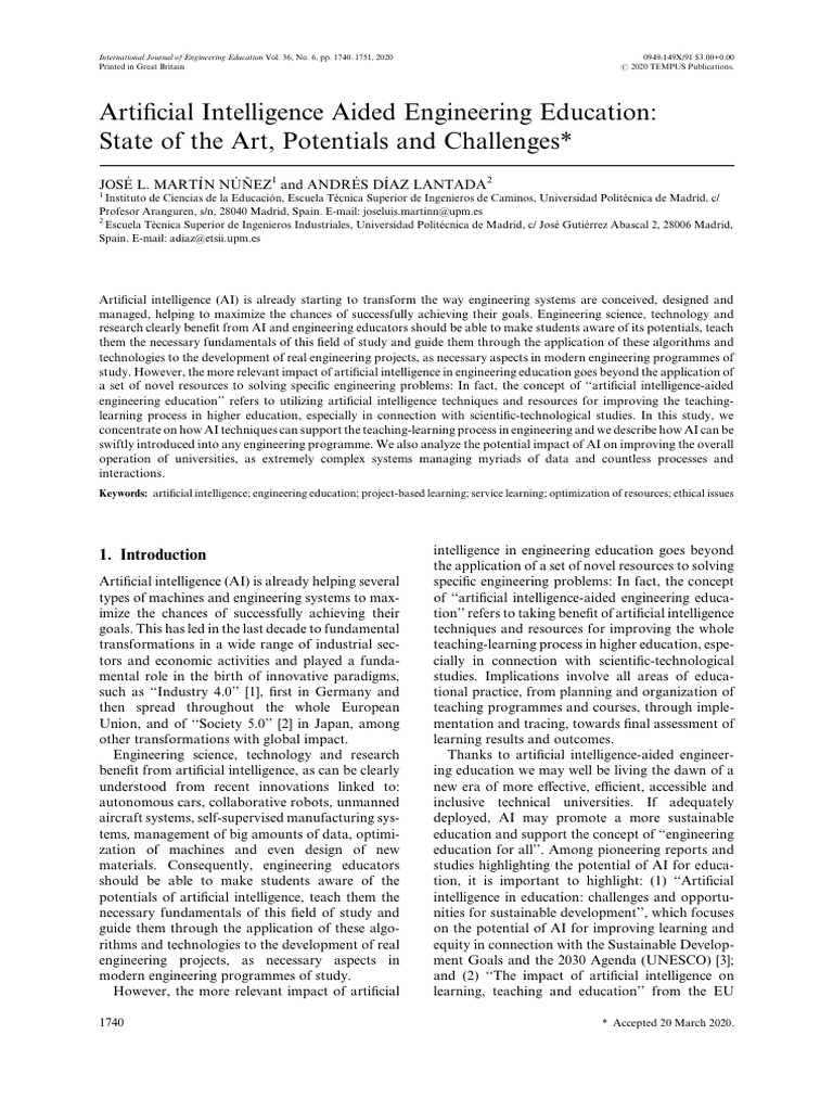 Artificial Intelligence Aided Engineering Education State of the Art Potentials and Challenges ...