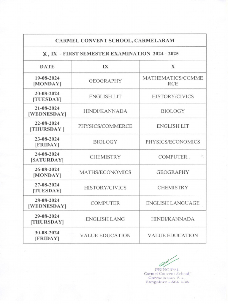 First Semester Exam Timetable Class IX and X - 2024-25-781 | PDF