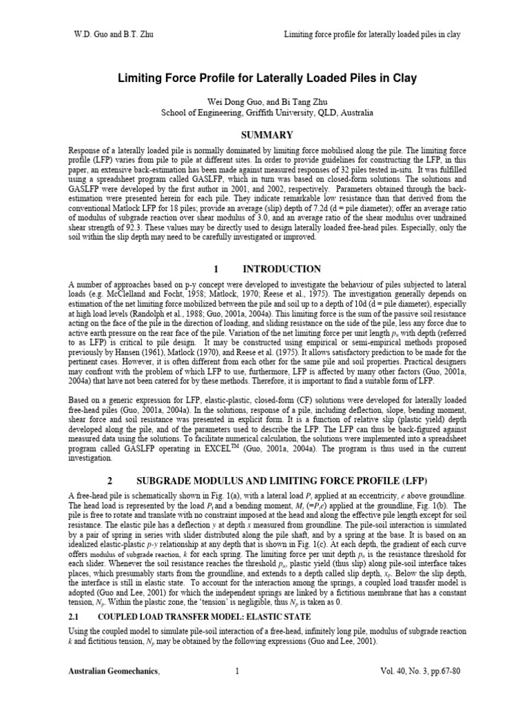 Guo & Zhu (XXXX) - Limiting Force Profile For Laterally Loaded Piles in Clay | PDF | Bending ...