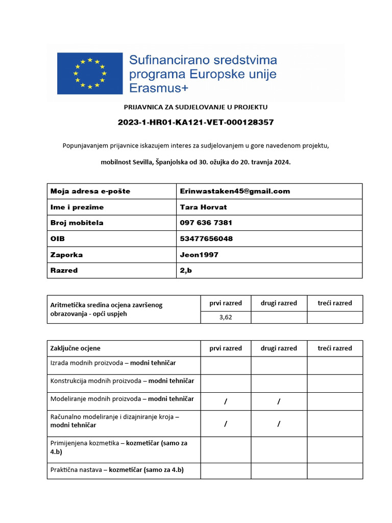 Prijavnica Ucenici Modilnost Sevilla, Spanjolska | PDF
