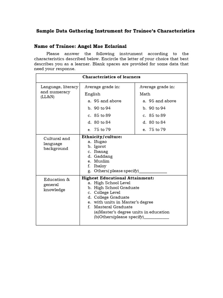 Sample Data Gathering Instrument for Trainee ECLARINAL AM | PDF ... Sample Data Gathering Instrument for Trainee ECLARINAL AM | PDF ...