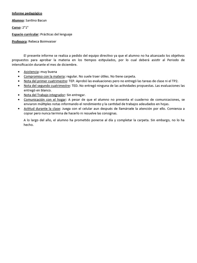 Informe Pedagógico Práct Del Lenguaje 2do 1era 2023 | PDF | Evaluación | Gestión del cambio