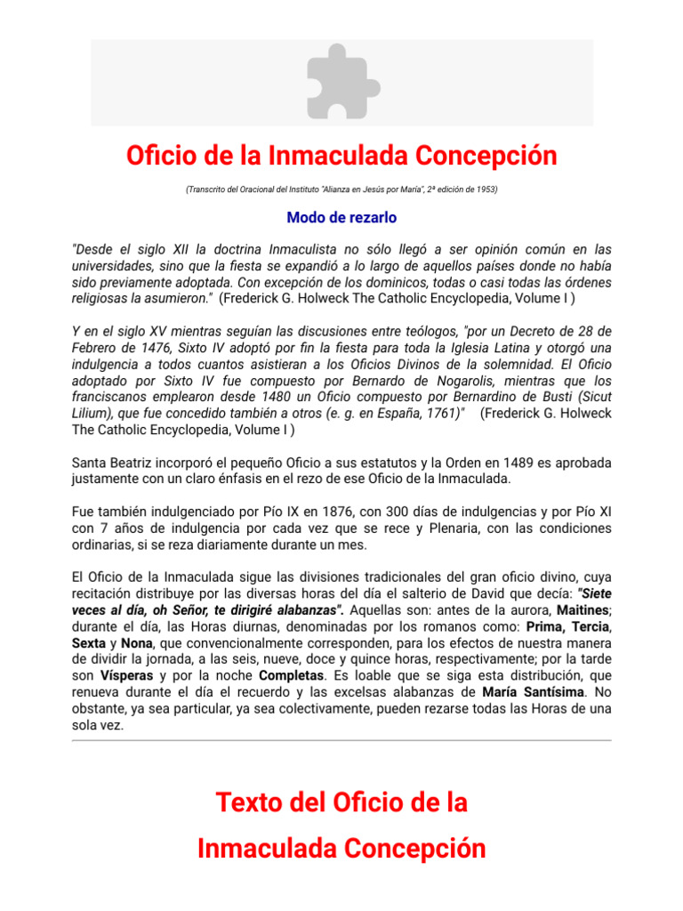 Texto Del Oficio de La Inmaculada Concepción | PDF | María, madre de Jesús | Oración