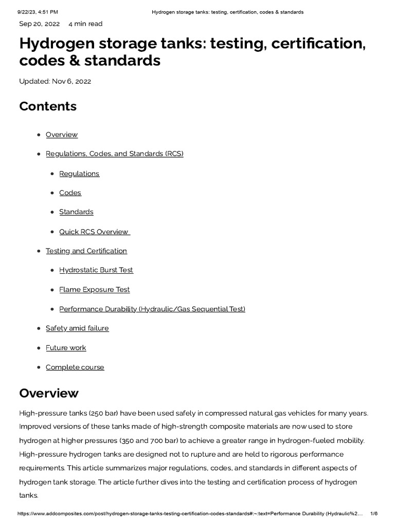 Hydrogen Storage Tanks - Testing, Certification, Codes & Standards ...