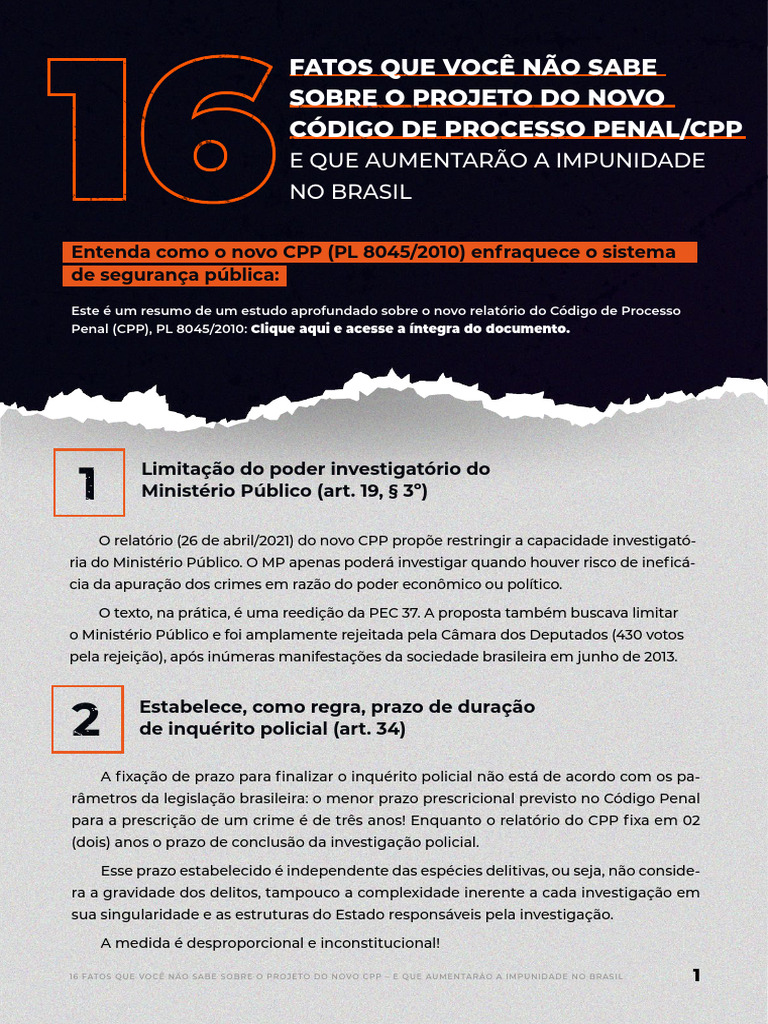 16 Fatos Que Voce Nao Sabe Sobre o Projeto Do Novo CPP | PDF | Prova (jurídico) | Crimes