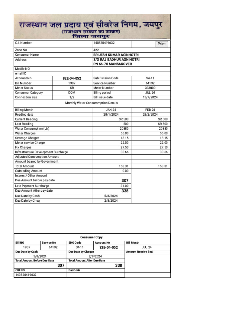 Water Bill Summary for BRIJESH KUMAR AGNIHOTRI | PDF | Cheque | Economies