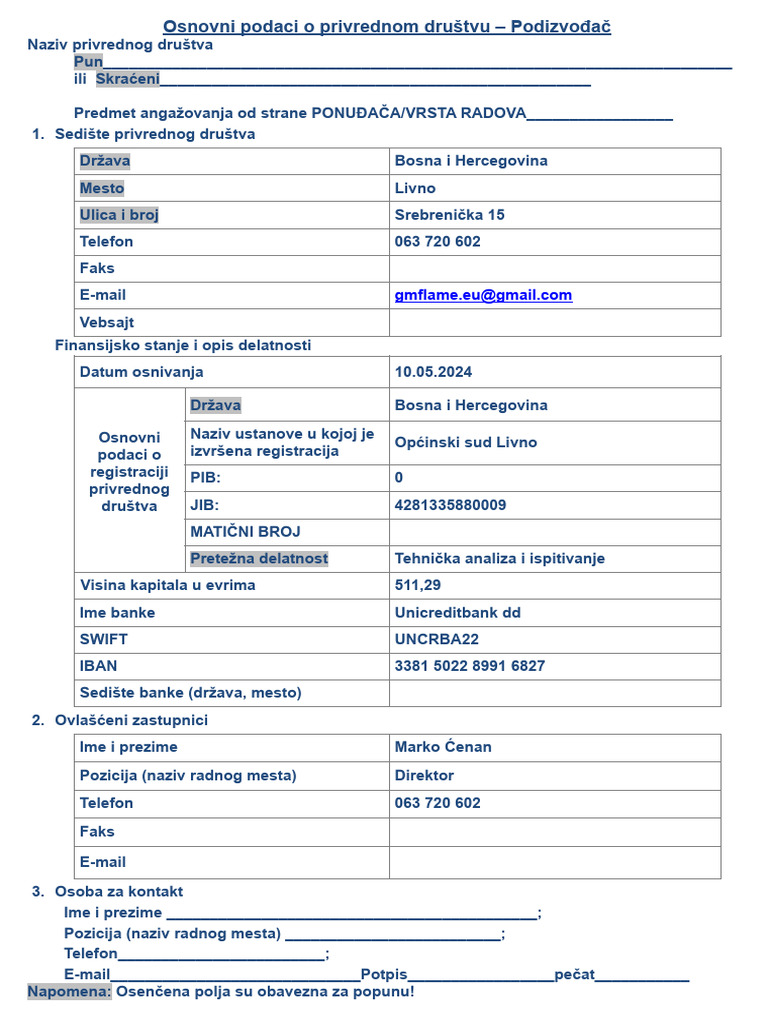 Prilog 3a - Obrazac Za Provjeru Privrednih Drustava - Podizvodjac | PDF
