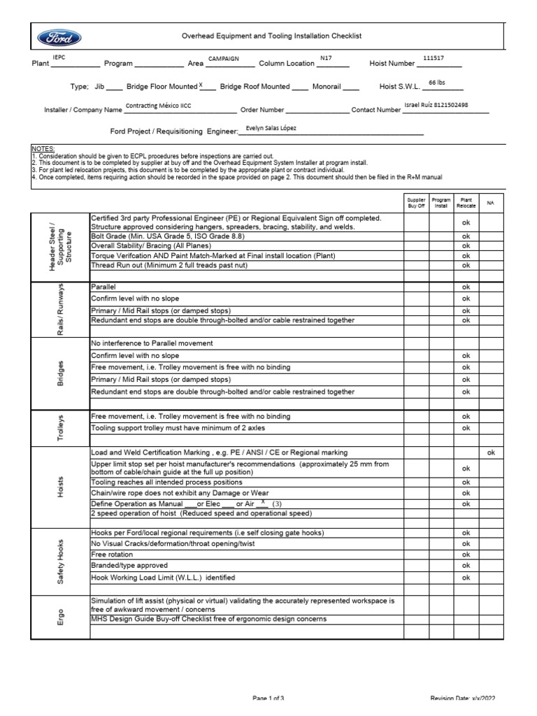 Overhead Equipment and Tooling Installation and Buyoff Checklist_Lift ...