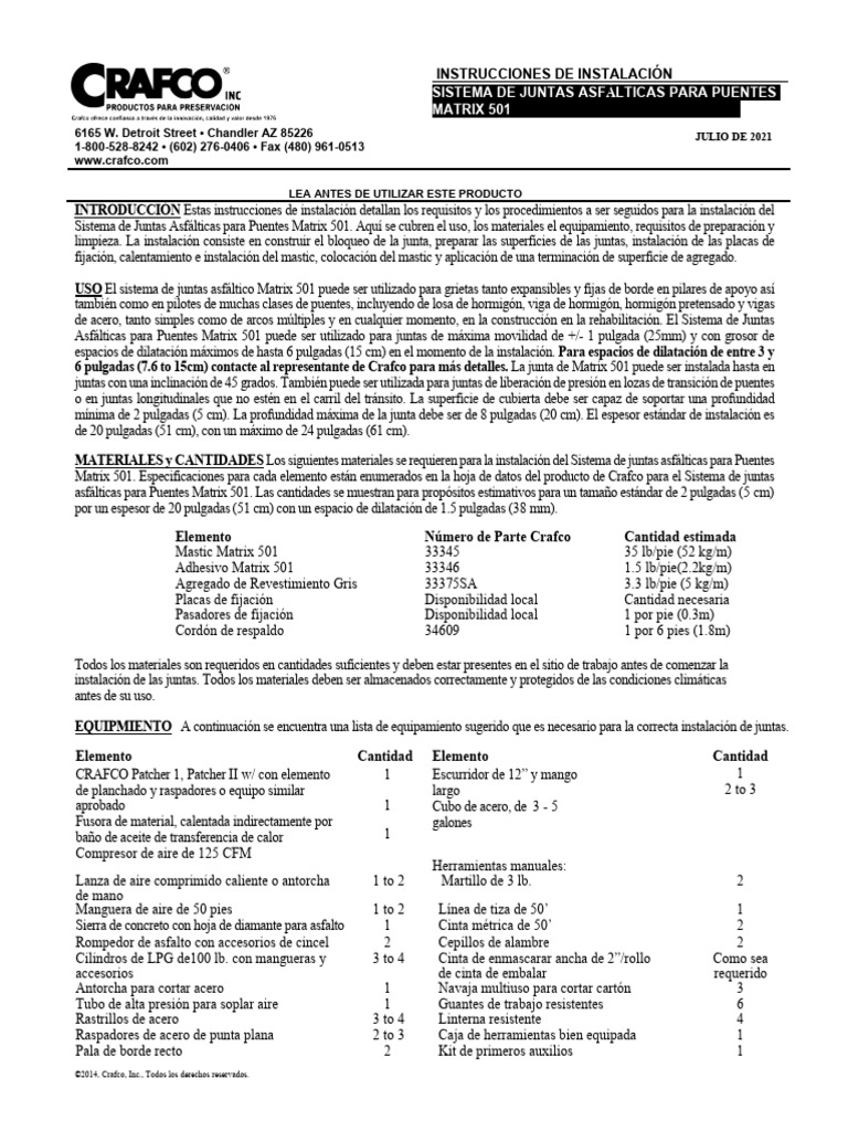 Crafco-Matrix-501-Instrucciones de Instalacion | PDF | Hormigón | Acero