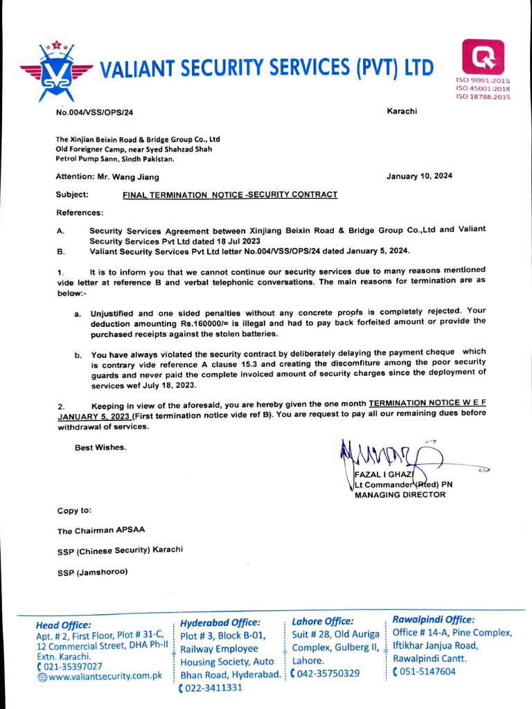 Final Termination Notice for Security Contract | PDF | Business Law