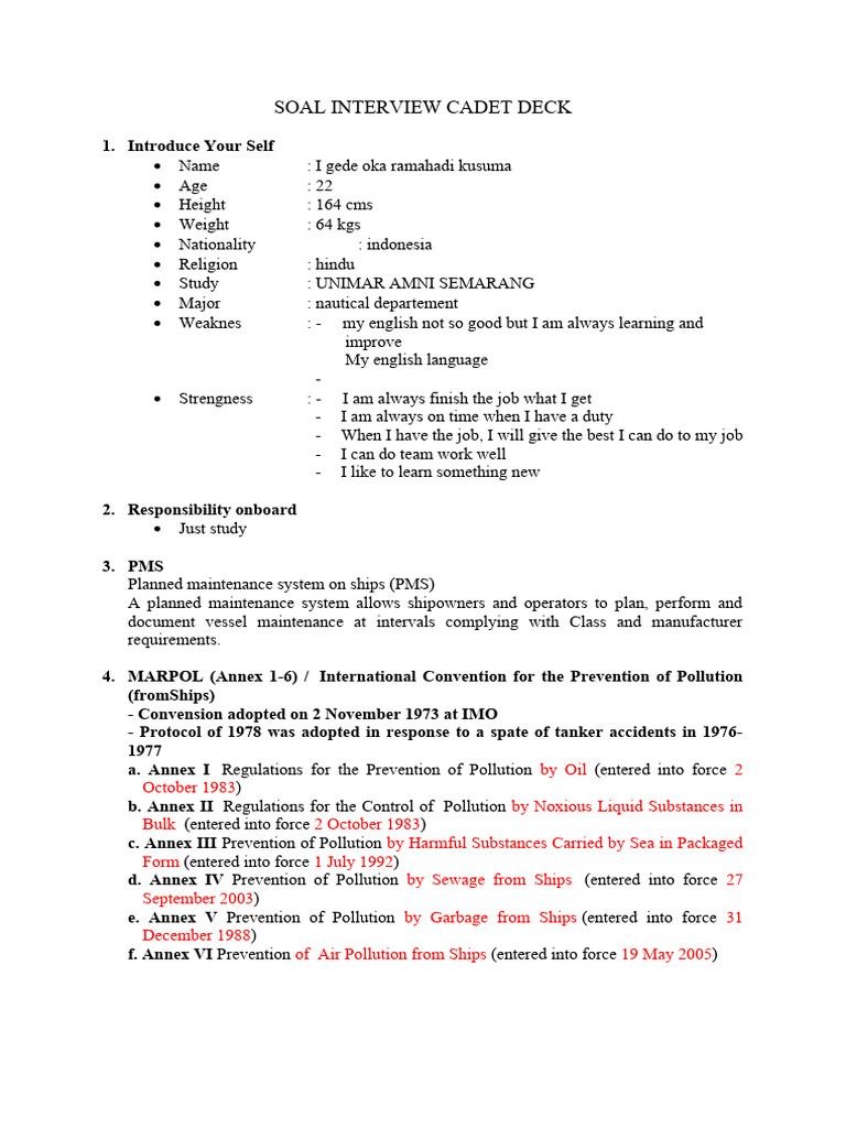 Soal Interview Cadet Deck | PDF