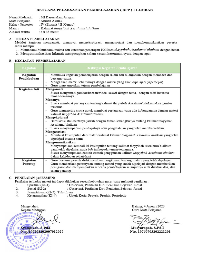 RPP Akidah Akhlak Kelas 4 Semester 2 | PDF