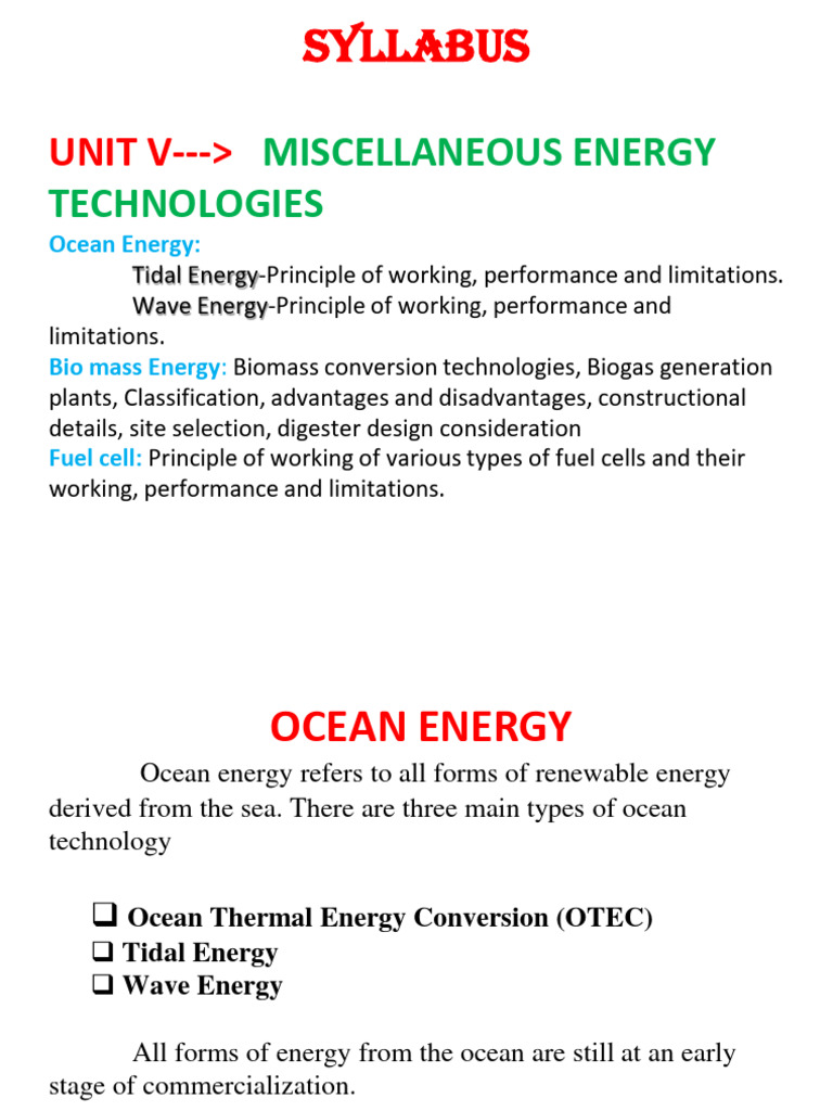 RES Unit V-MISCELLANEOUS ENERGY TECHNOLOGIES | PDF | Fuel Cell | Anaerobic Digestion