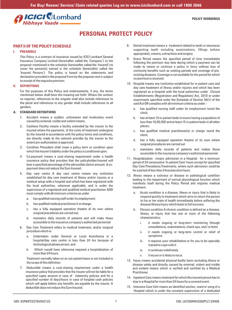 ICICI Lombard Personal Protect Policy Guide | PDF | Insurance | Hospital