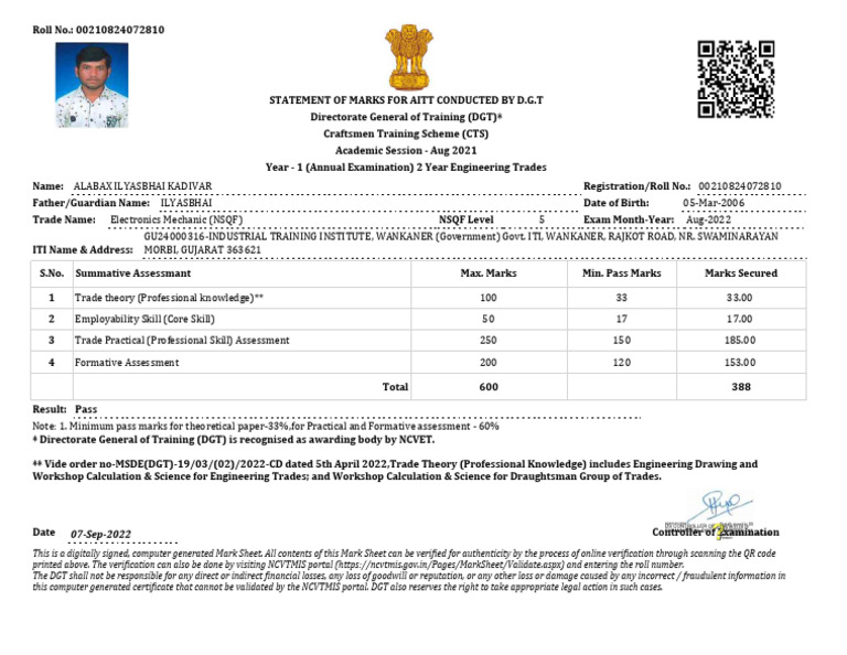 AITT Mark Sheet for Electronics Mechanic | PDF