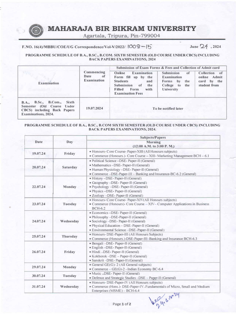 Programme Schedule of B.a., B.SC - ., B.com - (Honours & General) Sixth Semester Examinations ...