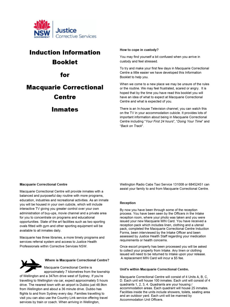 Macquarie Correctional Centre Induction Information Booklet For Inmates ...