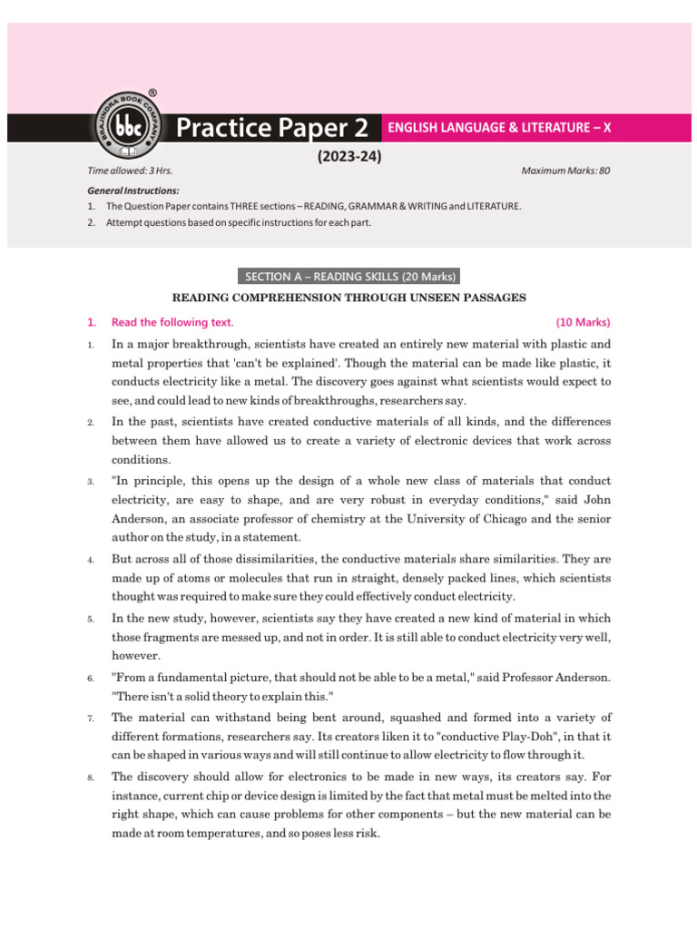 Class 10th Practice Paper 2 (Session 2023-2024) | PDF | Argument | Metals
