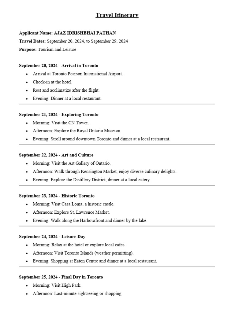 Travel Itinerary For Canada Visit | PDF | Toronto | Hospitality Industry