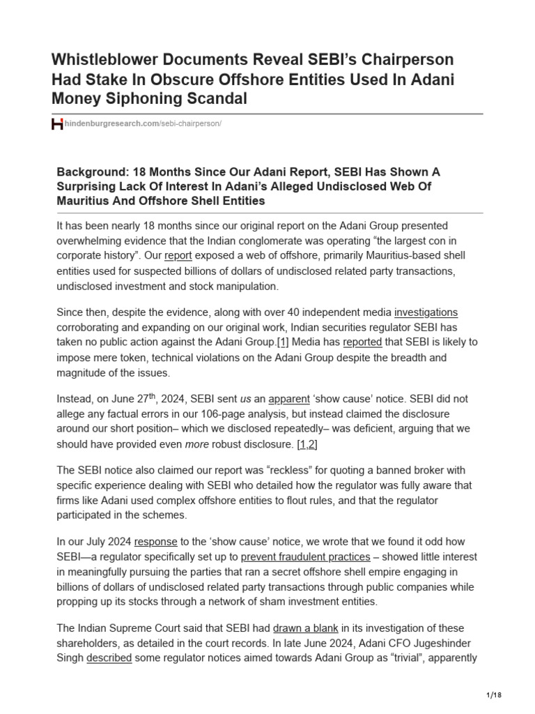 Hindenburgresearch - Whistleblower Documents Reveal SEBIs Chairperson Had Stake in Obscure ...