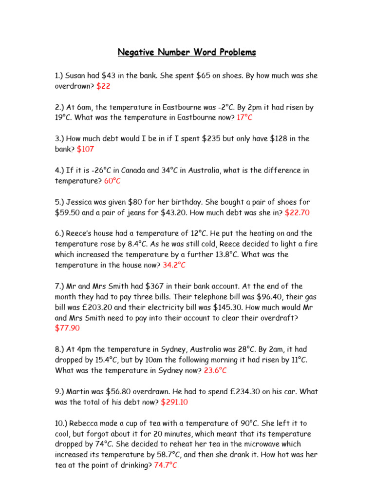 Negative Number Word Problems | PDF