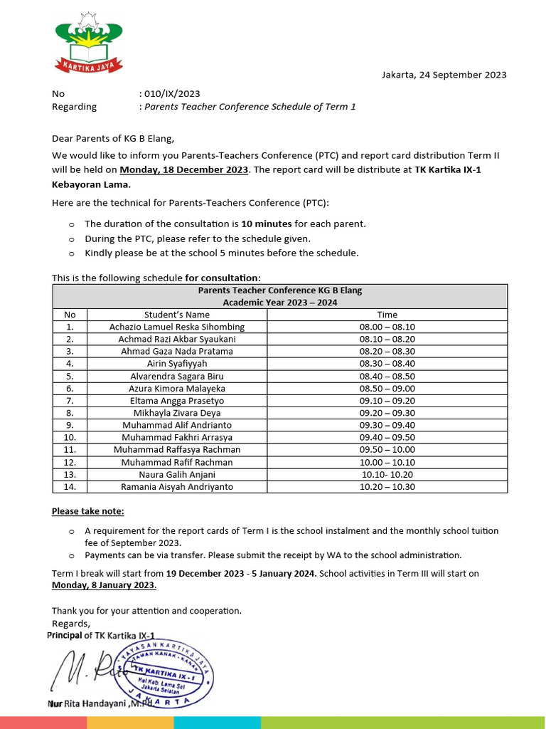 Surat PTC - KG B Elang Term 2 | PDF