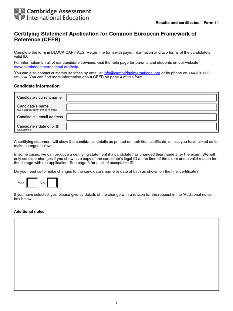 Certifying Statement Application For Cefr Results and Certificates Form ...