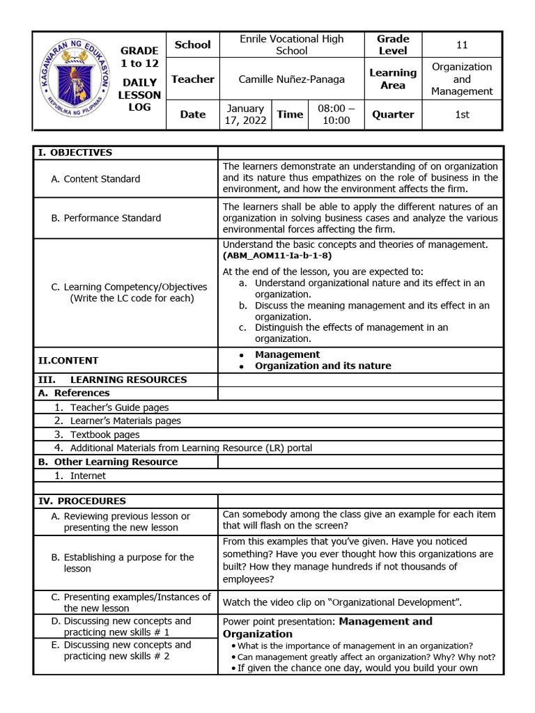 DLL - 1st Cot Orgma SY 21 22 | PDF | Learning | Teachers