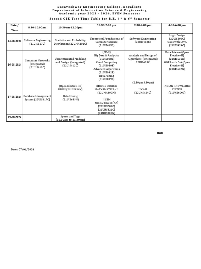 Second - CIE Time Table - 4th & 6th Sem 2023-24 | PDF | Databases | Computing