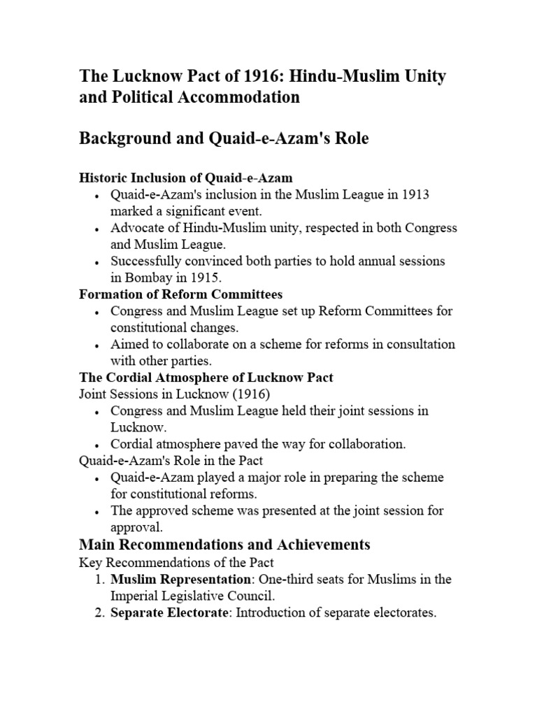 Pre Lucknow Pact 1916 | PDF | Muhammad Ali Jinnah | All India Muslim League