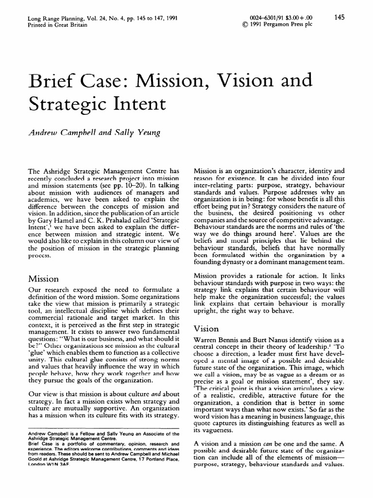 Brief Case Mission Vision and Strategic Intent 1991 Long Range Planning | PDF | Strategic ...
