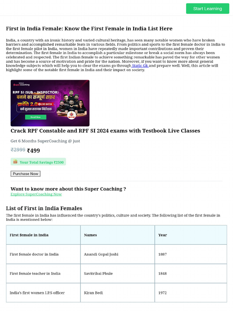 First in India Female_ Know the First in India Female List Here | PDF