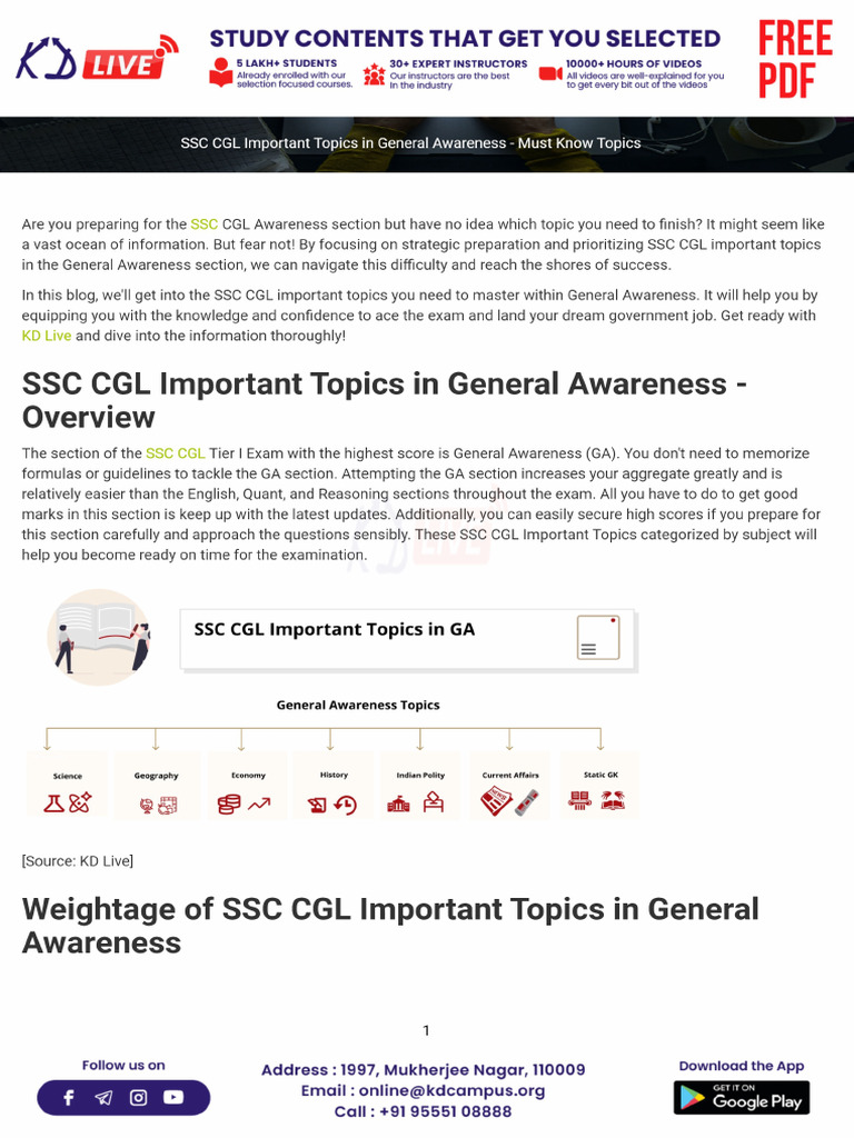 SSC CGL Important Topics in General Awareness Must Know Topics | PDF