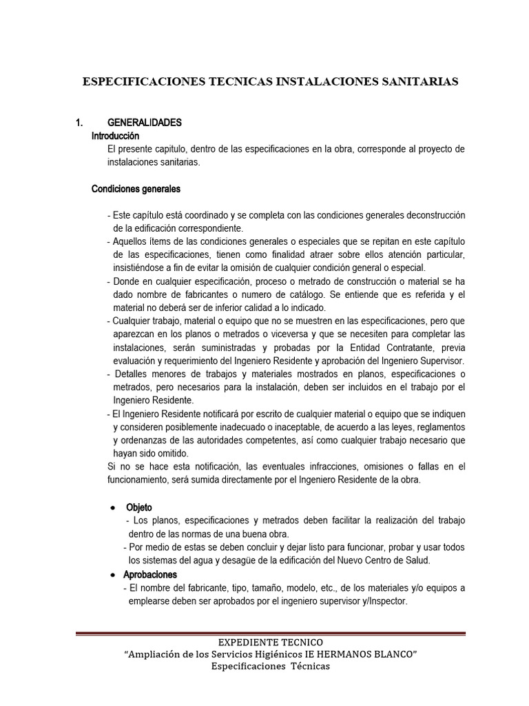 Instalaciones Sanitarias: Especificaciones Técnicas | PDF | Ventilación (Arquitectura) | Tubería ...