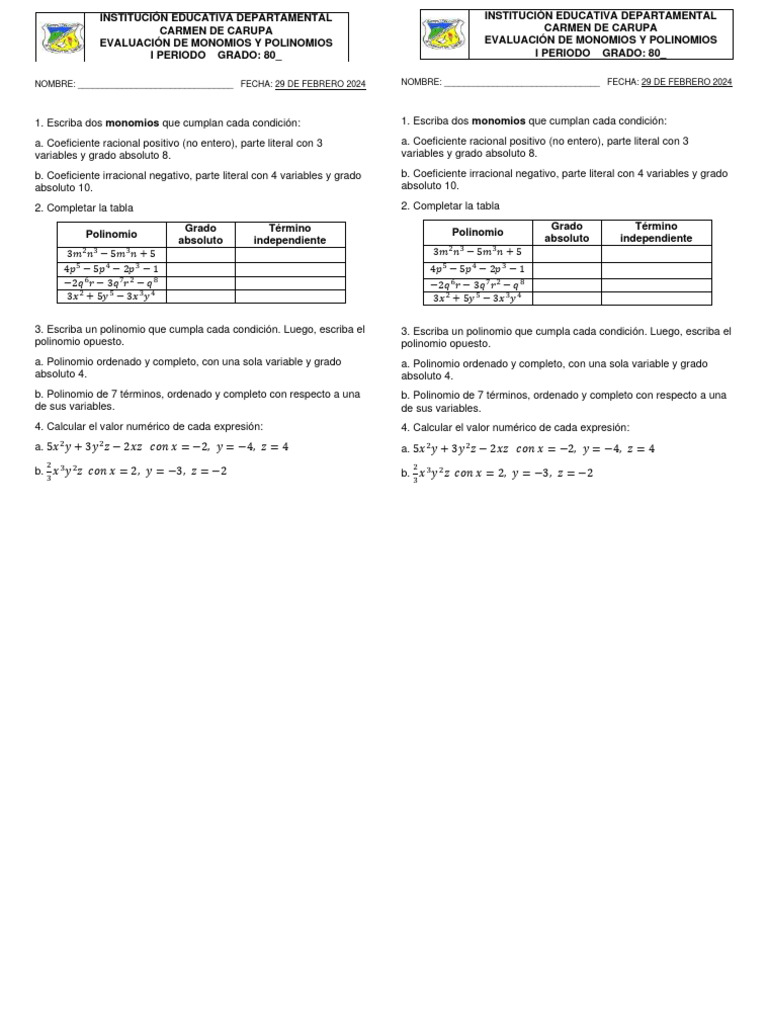 Evaluacion 8° Mono y Poli | PDF | Entero | Análisis matemático