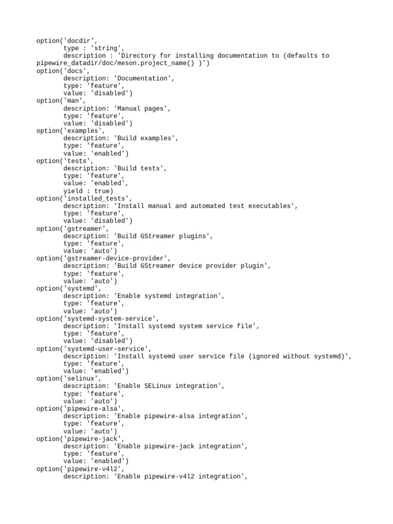 Meson options-PIPEWIRE | PDF | Boolean Data Type | Computer Architecture
